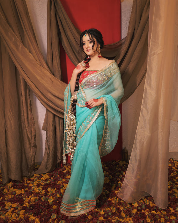 SKY BLUE AND RED SAREE - SWARN MANJARI – Gaurav and Shama